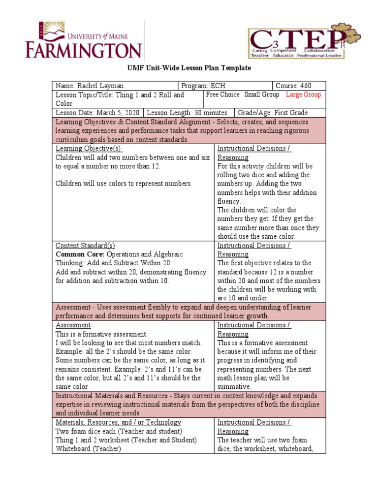 UMF Unit-Wide Lesson Plan Template: Free Choice Small Group | PDF ...