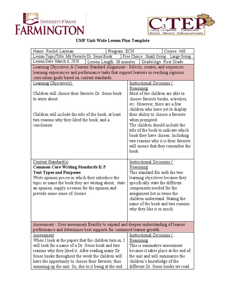 UMF Unit-Wide Lesson Plan Template | PDF | Individualized Education ...