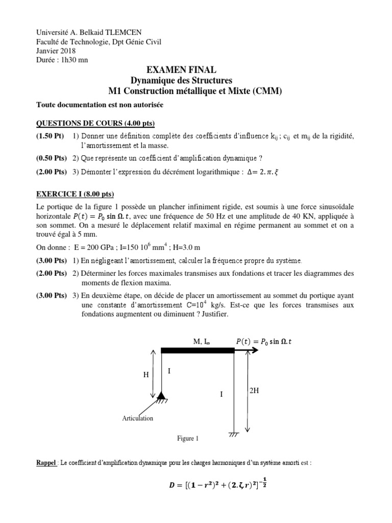 Examen Corrigé Dynamique Des Structures M1 PDF | PDF | Oscillation | Grandeur physique