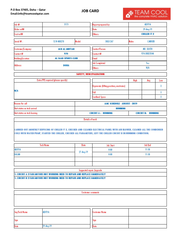 Job Card-3173-Al Saad Sport Club-August-Chiller-2 | PDF | Temperature ...