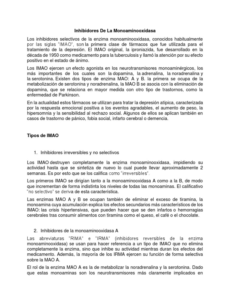 Inhibidores de la Monoaminooxidasa (IMAO) | PDF | Inhibidor de la ...