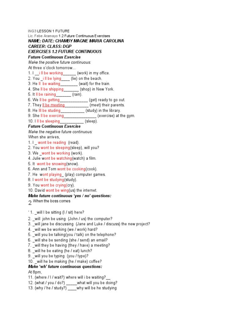 Ing3 Exercises 1.2 Future Continuous | PDF