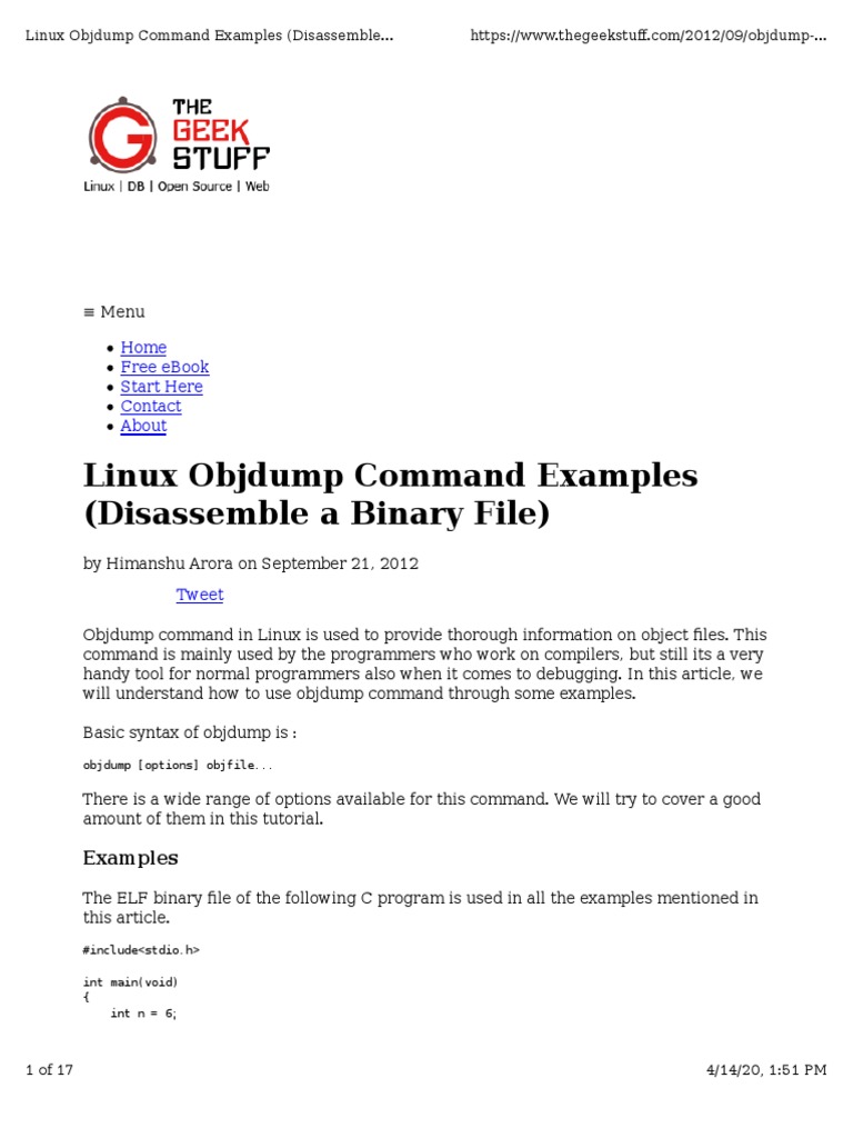 Linux Objdump Command Examples Disassemble A Binary File Home Free Ebook Start Here Contact 