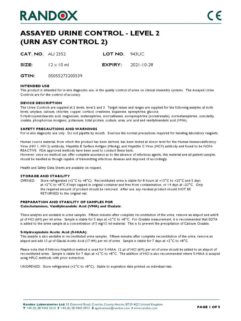 Randox Assayed Urine Control Level 2 | PDF | Chemistry | Physical Sciences
