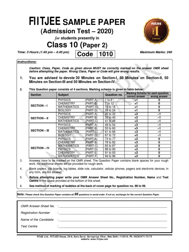 Fiitjee: Sample Paper | PDF | Weight | Acceleration