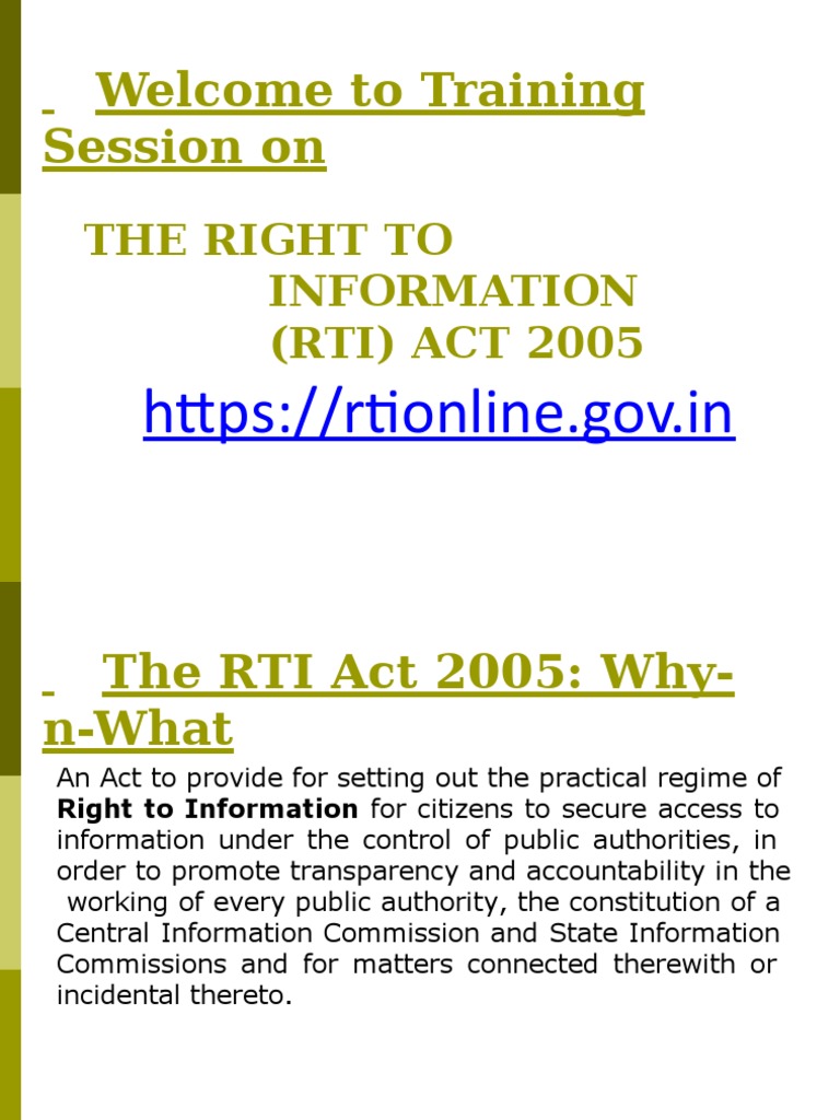 Welcome To Training Session On: The Right To Information (RTI) ACT 2005 | PDF | Freedom Of ...