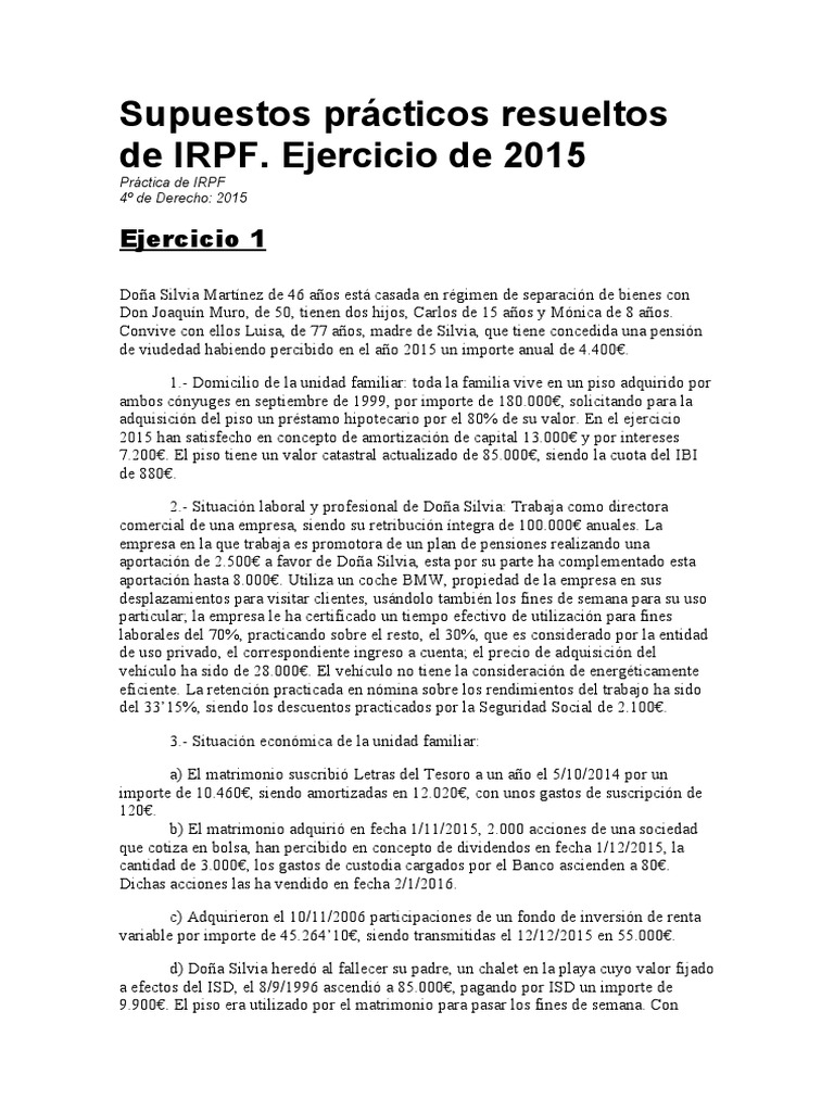 Supuestos Prácticos Resueltos de IRPF | PDF | Compartir (Finanzas) | Pensión