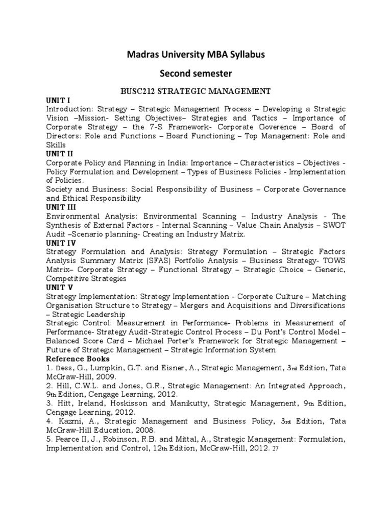 Strategic Management Syllabus | PDF
