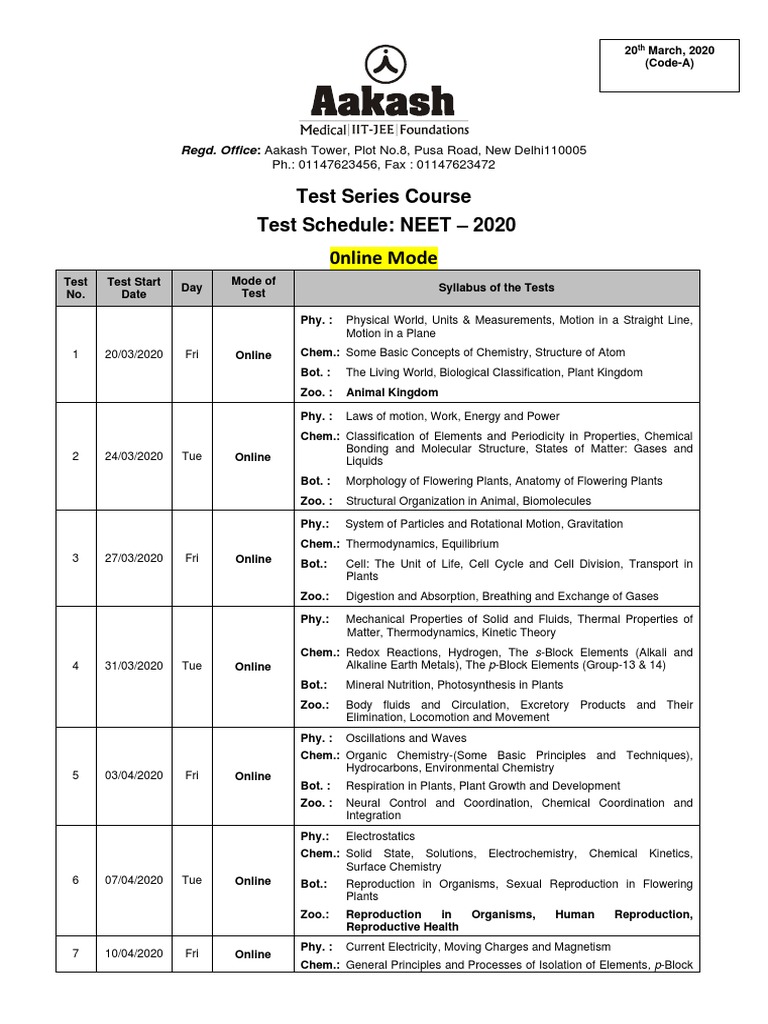 Schedule of Tests During Test Series | PDF | Chemistry | Thermodynamics