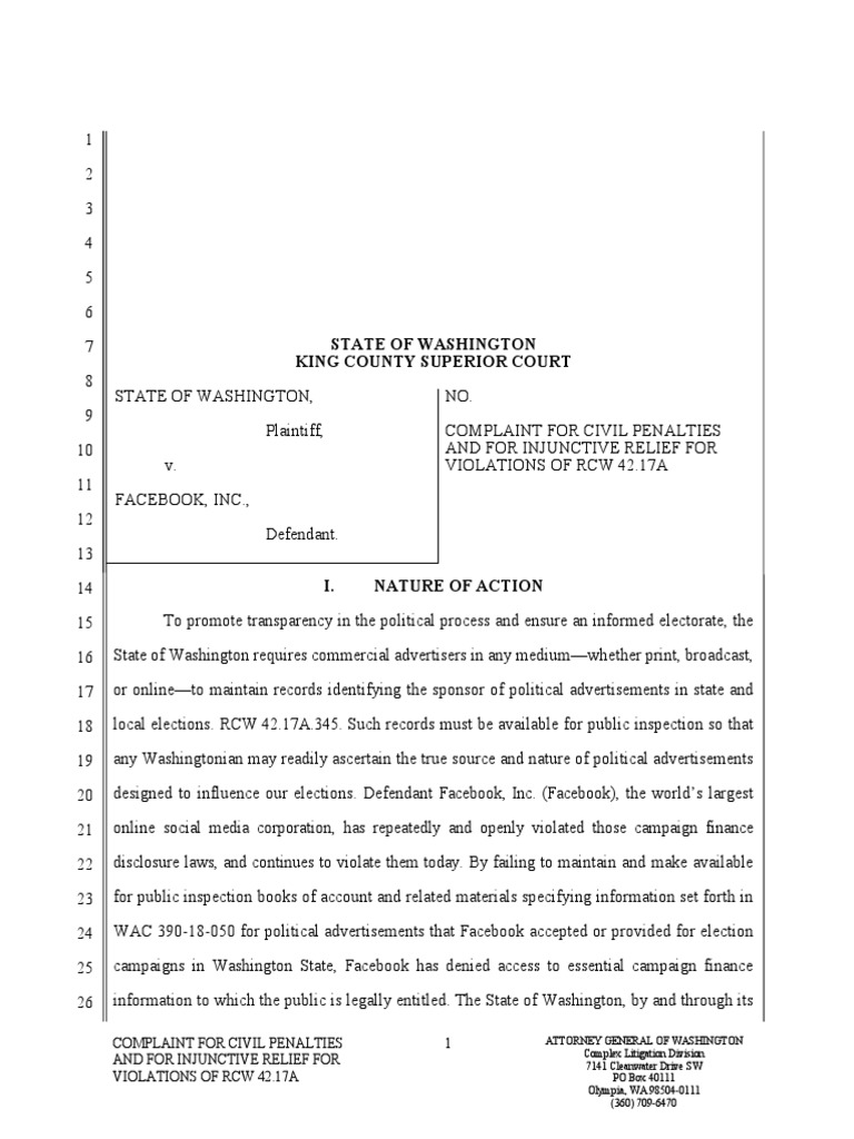 State of Washington King County Superior Court | PDF | Complaint ...