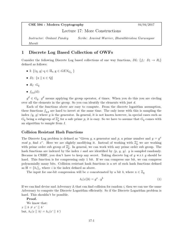 Lecture 17: More Constructions: Collision Resistant Hash Functions ...