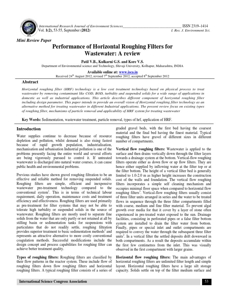 Performance of Horizontal Roughing Filters For Wastewater: A Review ...