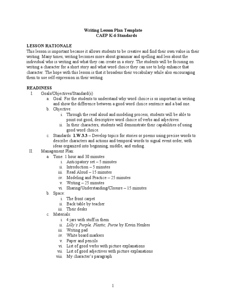 Writing Lesson Plan Template CAEP K-6 Standards Lesson Rationale | PDF ...