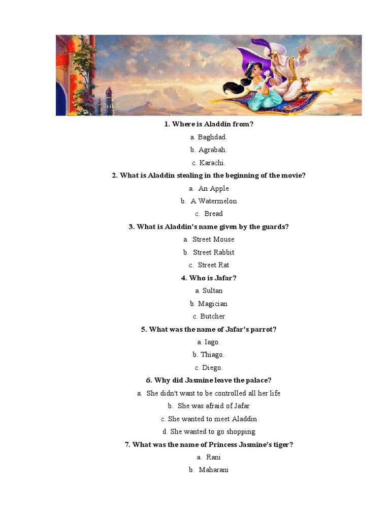 Aladdin Quiz Disney Tests | PDF | Musical Theatre Characters ...