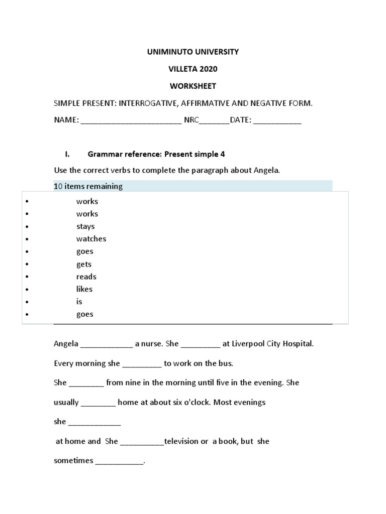 Simple Present Worksheet for Uniminuto | PDF | Linguistics | Grammar