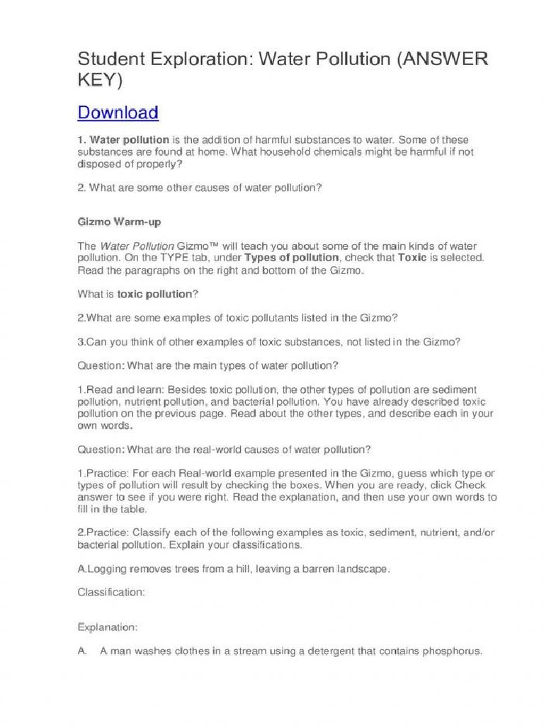 Student Exploration - Water Pollution (ANSWER KEY) . | PDF