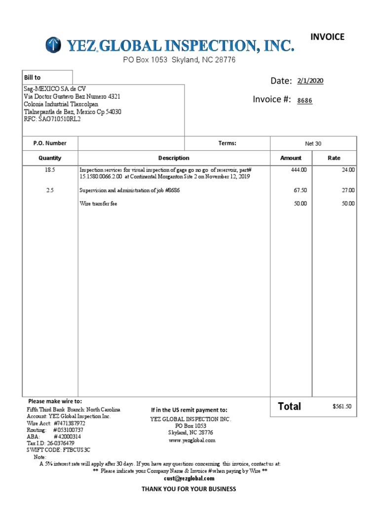 Invoice for Inspection Services - 561.50 | PDF
