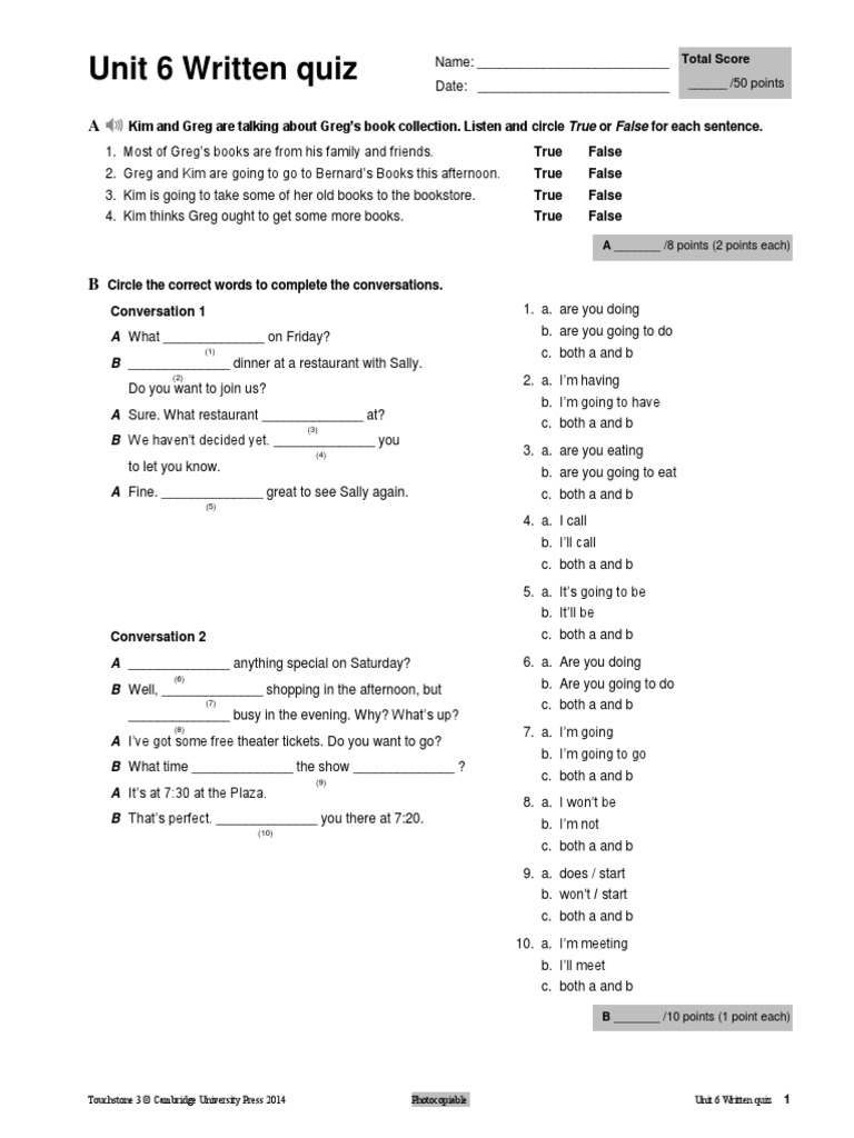 Touchstone 3 Unit6 Written Quiz | PDF