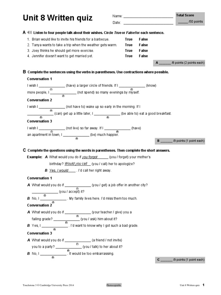 Touchstone 3 Unit 8 Written Quiz | PDF
