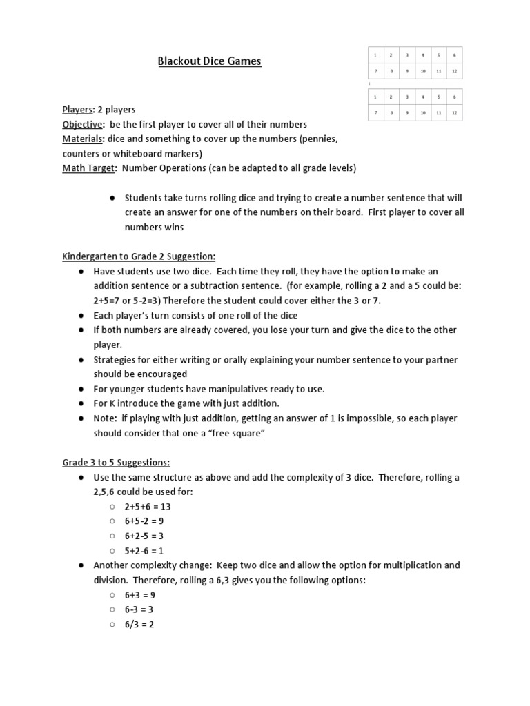 Blackout Dice Games Instructions | PDF | Multiplication | Numbers