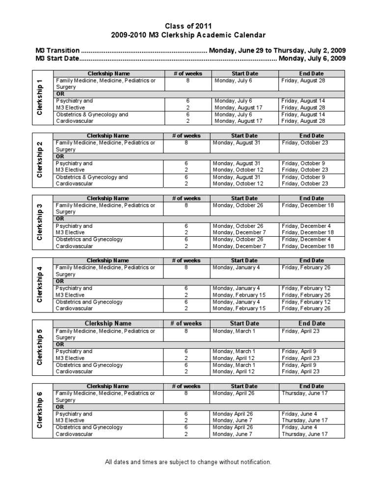Class of 2011 M3 Clerkship Schedule: Academic Calendar for 2009-2010 | PDF | Observances | Holidays