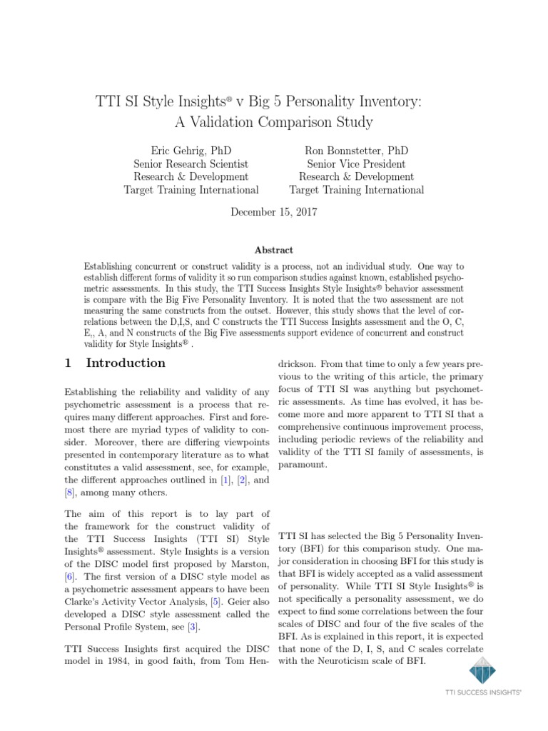 Comparing The Tti Si Style Insights Assessment To The Big Five