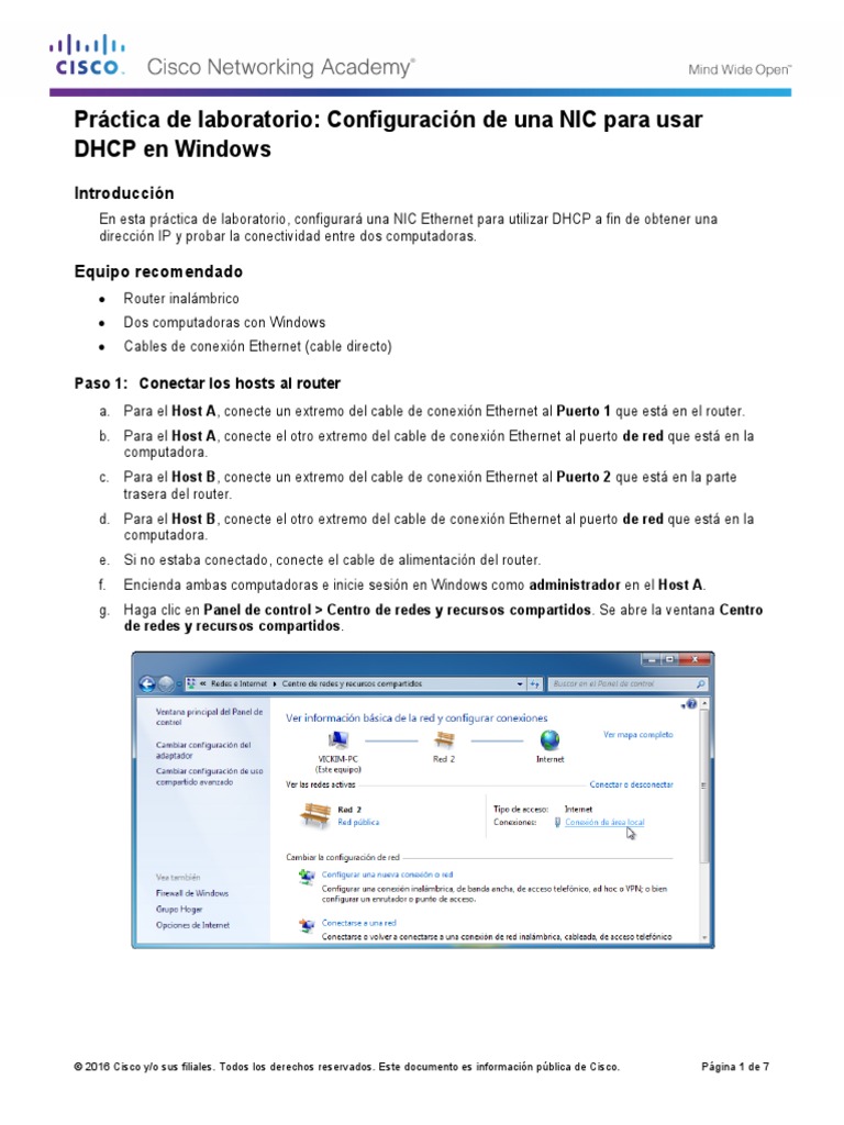7.4.1.11 Lab - Configure A NIC To Use DHCP in Windows PDF | Descargar gratis PDF | Dirección IP ...