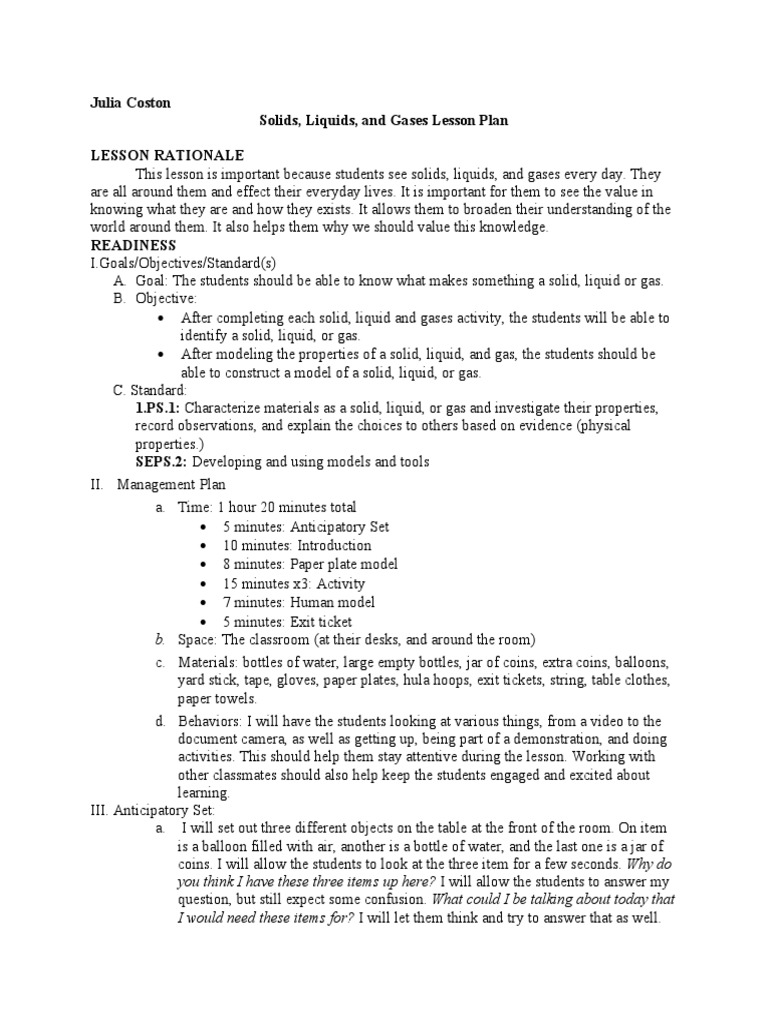 Julia Coston Solids, Liquids, and Gases Lesson Plan Lesson Rationale ...