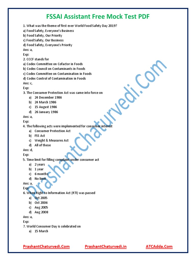 FSSAI Assistant Free Mock Test PDF | PDF | Food Safety | Nature