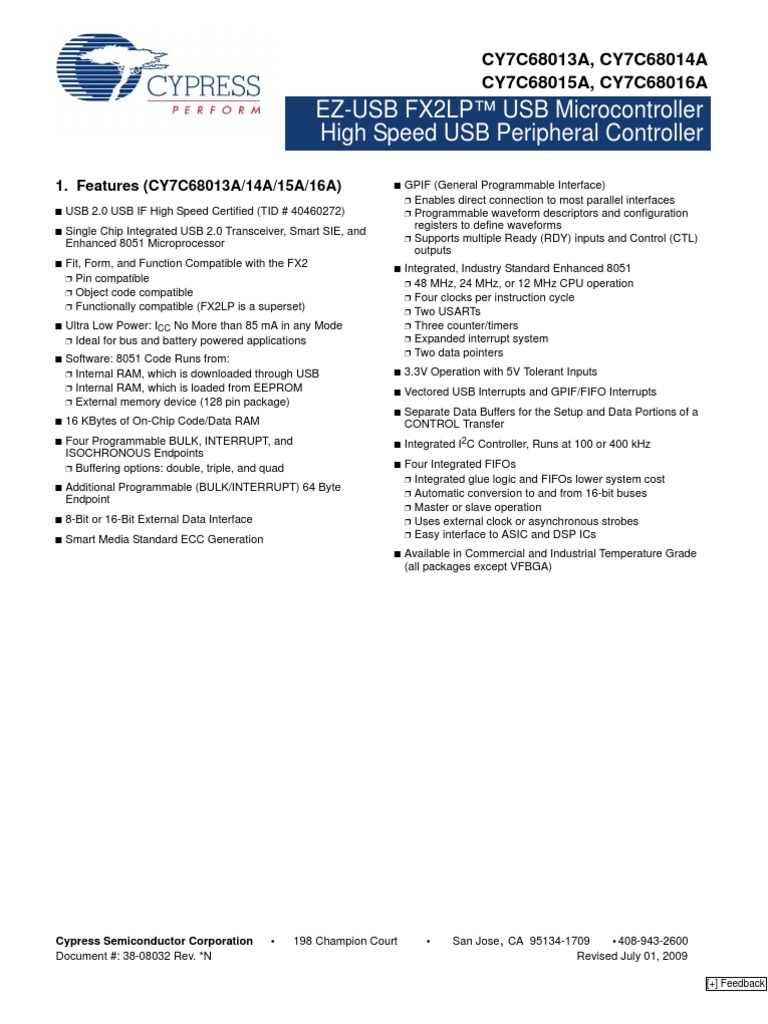 EZ-USB FX2LP™ USB Microcontroller High Speed USB Peripheral Controller ...