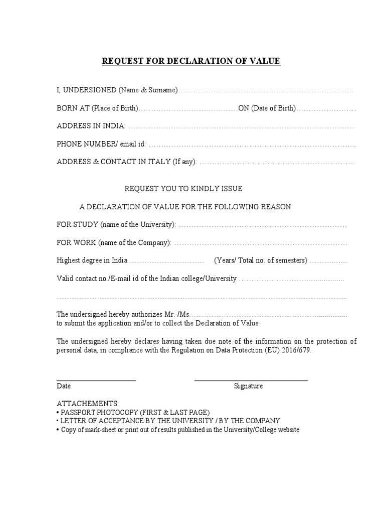Request For Declaration of Value | PDF