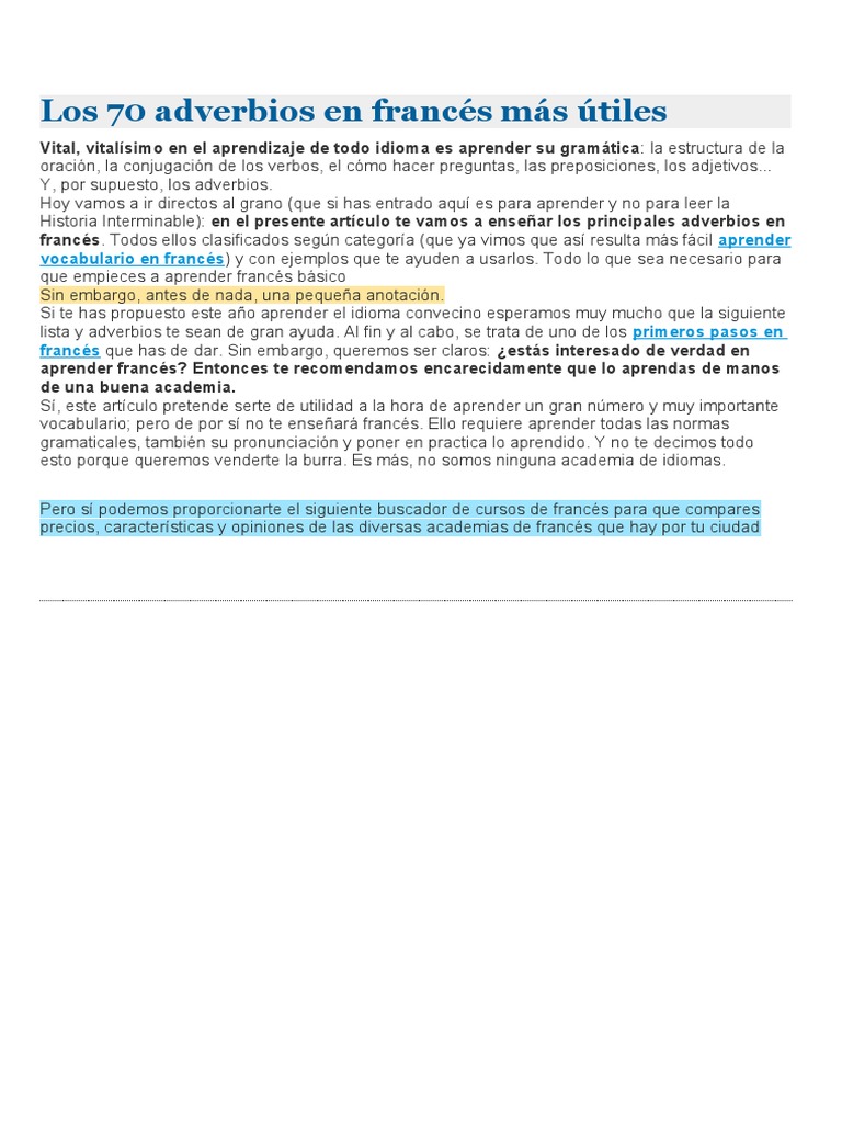 ADVERBIOS en Frances | PDF | Adverbio | Idioma francés
