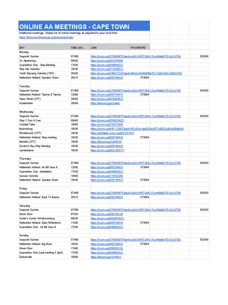Cape Town Online AA Meetings Schedule | PDF