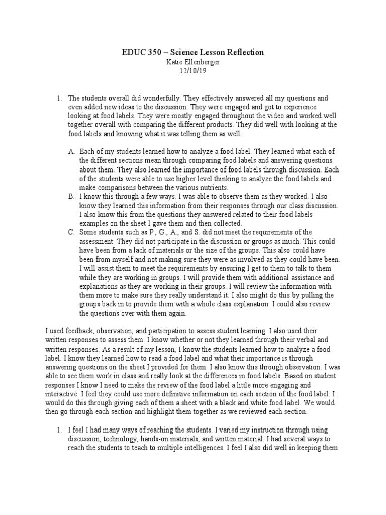 Longer Science Lesson Reflection | PDF | Foods | Psychology