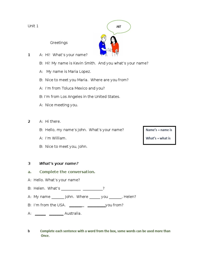 A. Complete The Conversation.: Name's Name Is What's What Is | PDF ...