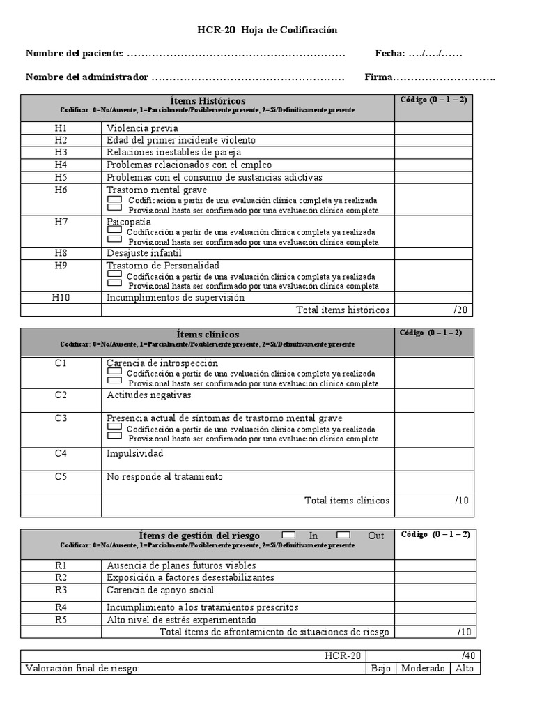 Evaluación de Riesgo HCR-20 | PDF | Enfermedades y trastornos psiquiátricos | Diagnóstico ...