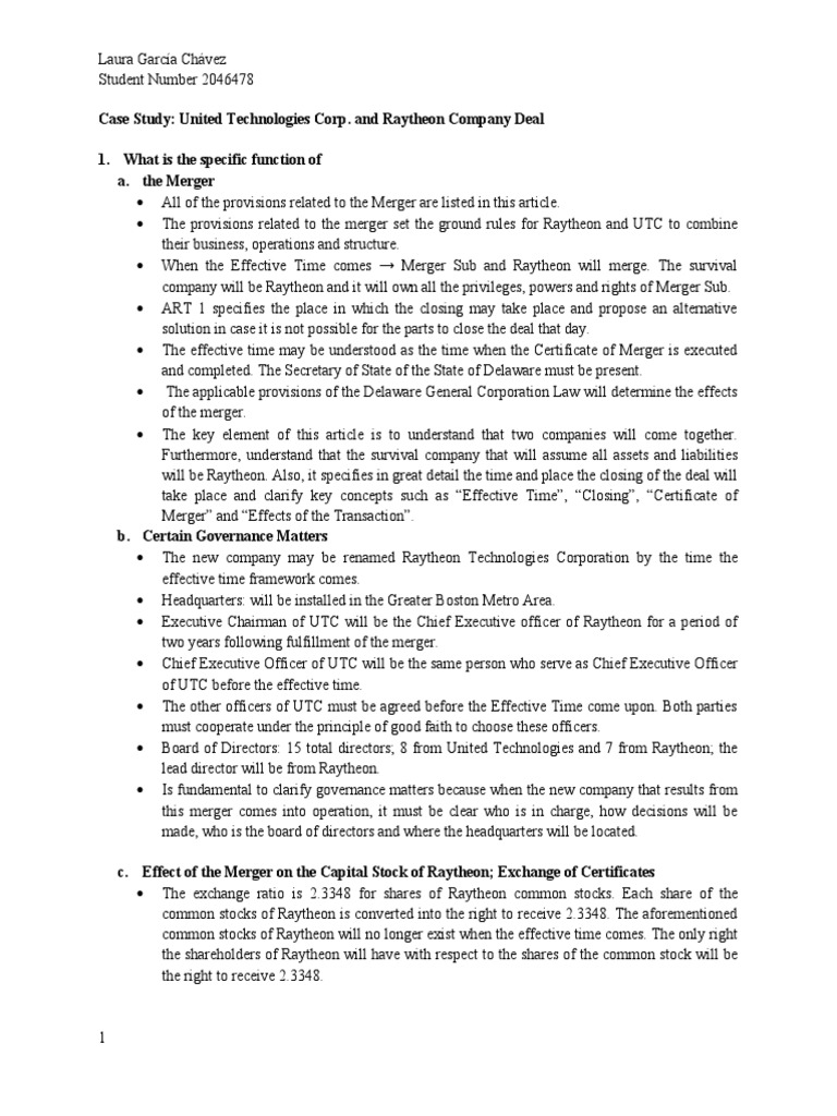 Case Study: United Technologies Corp. and Raytheon Company Deal 1. What ...