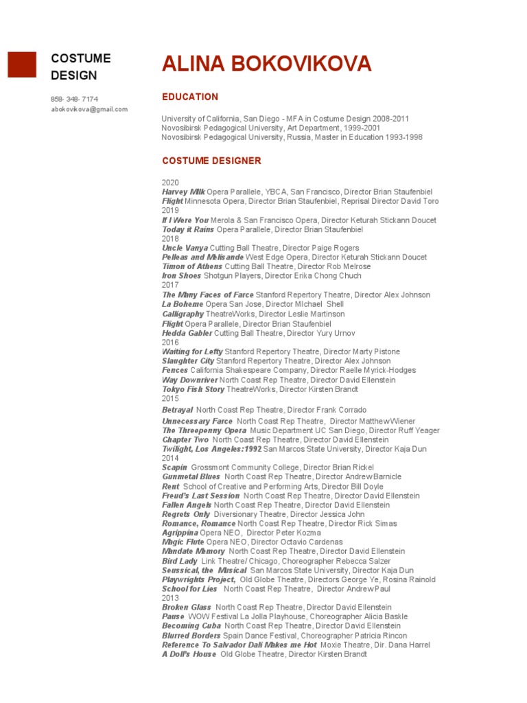 Alina Bokovikova CV | PDF | Costume Design | Costume