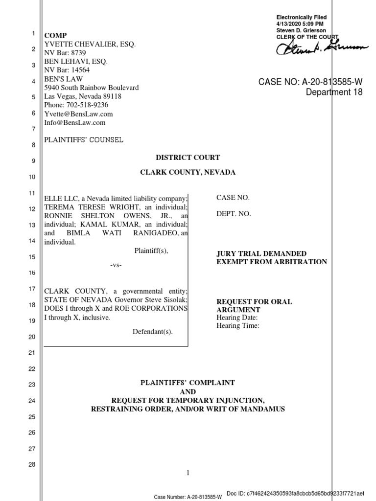 CASE NO: A-20-813585-W Department 18: Electronically Filed 4/13/2020 5 ...