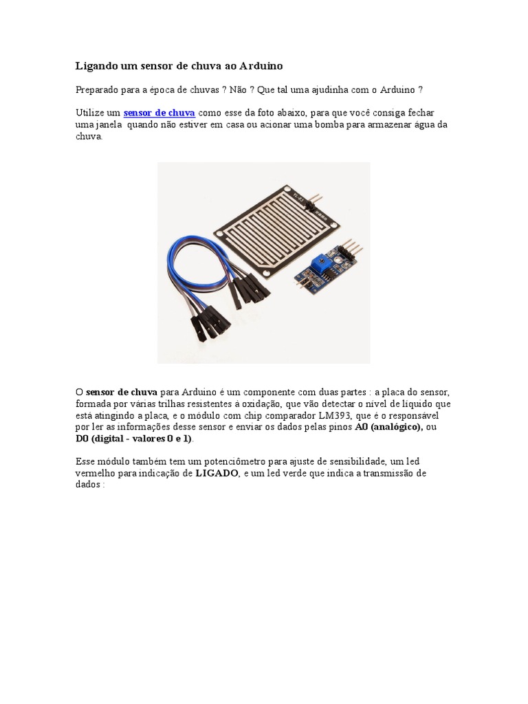 Ligando Um Sensor de Chuva Ao Arduino | PDF | Arduino | Diodo emissor ... Ligando Um Sensor de Chuva Ao Arduino | PDF | Arduino | Diodo emissor ...