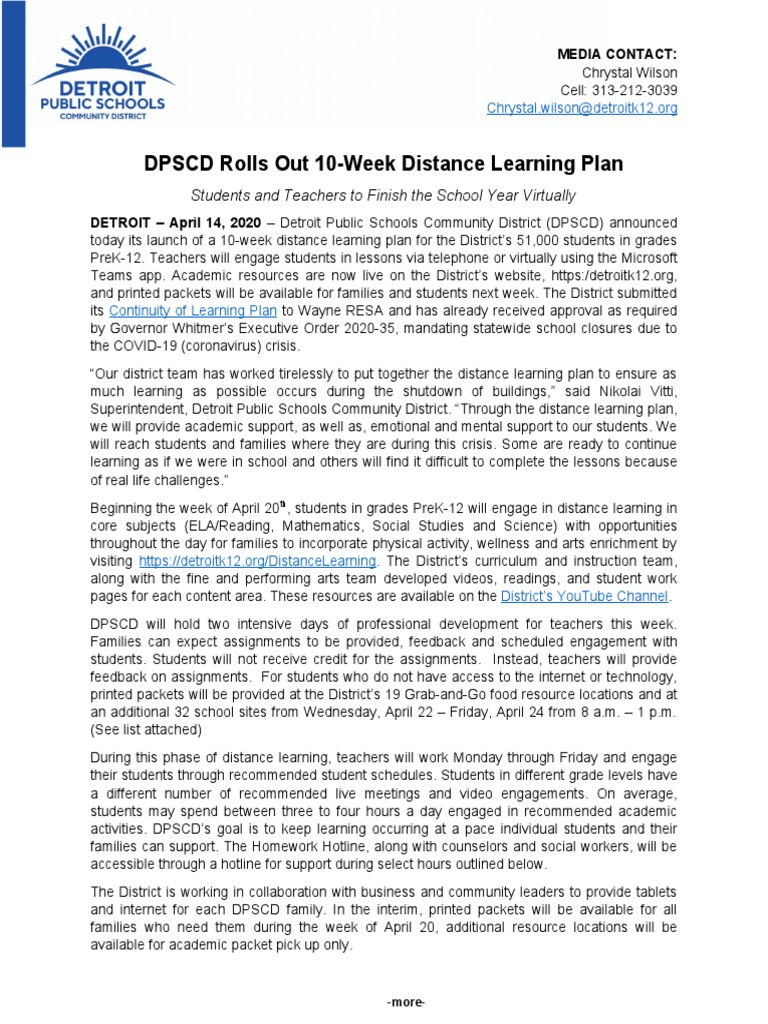 DPSCD Distance Learning Roll Out Plan Final | PDF | Distance Education | Schools
