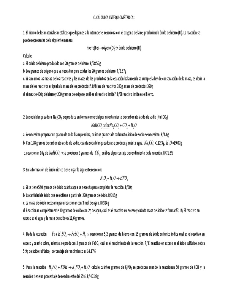 Cálculos Estequiométricos - Ejercicios | PDF | Estequiometría | Reacciones químicas
