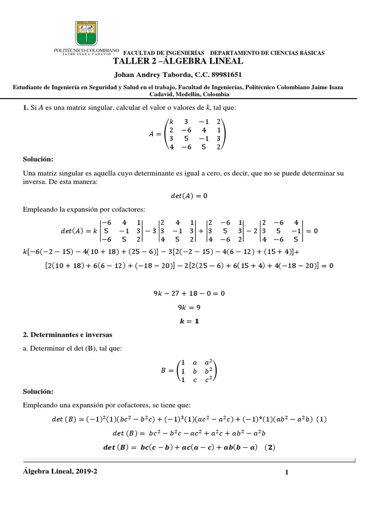 Taller 2 - Algebra Lineal | PDF | Espacio vectorial | Vector Euclidiano