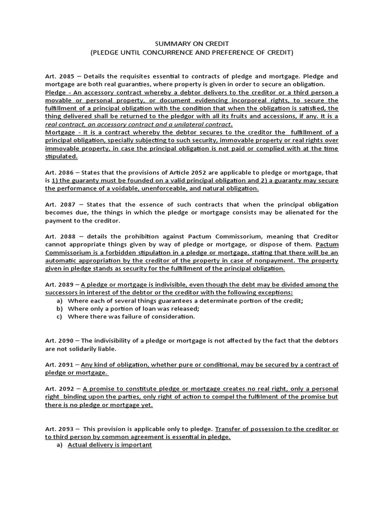 Summary On Credits - Pledge Onwards | PDF | Mortgage Law | Foreclosure