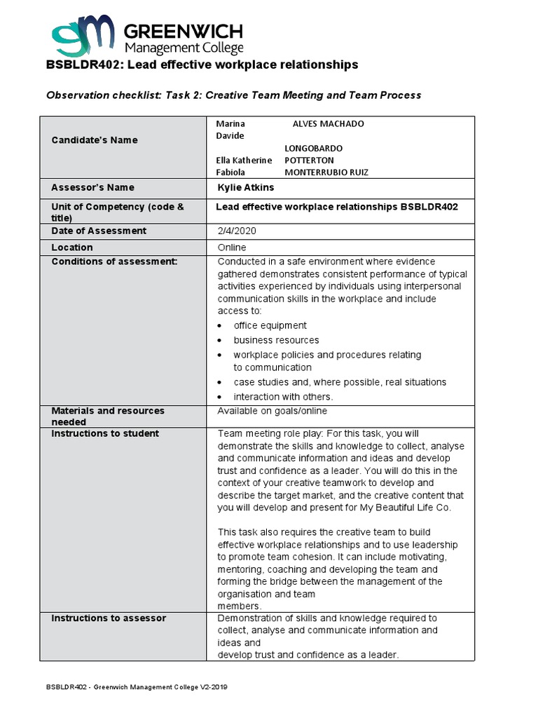 Task 2 - Observation Checklist | PDF | Mentorship | Communication