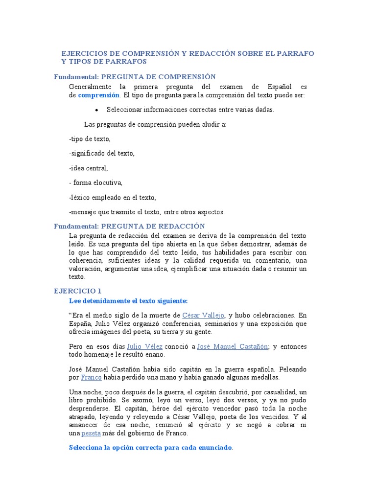 Ejercicios de Comprensión y Redacción Sobre El Parrafo y Tipos de ...