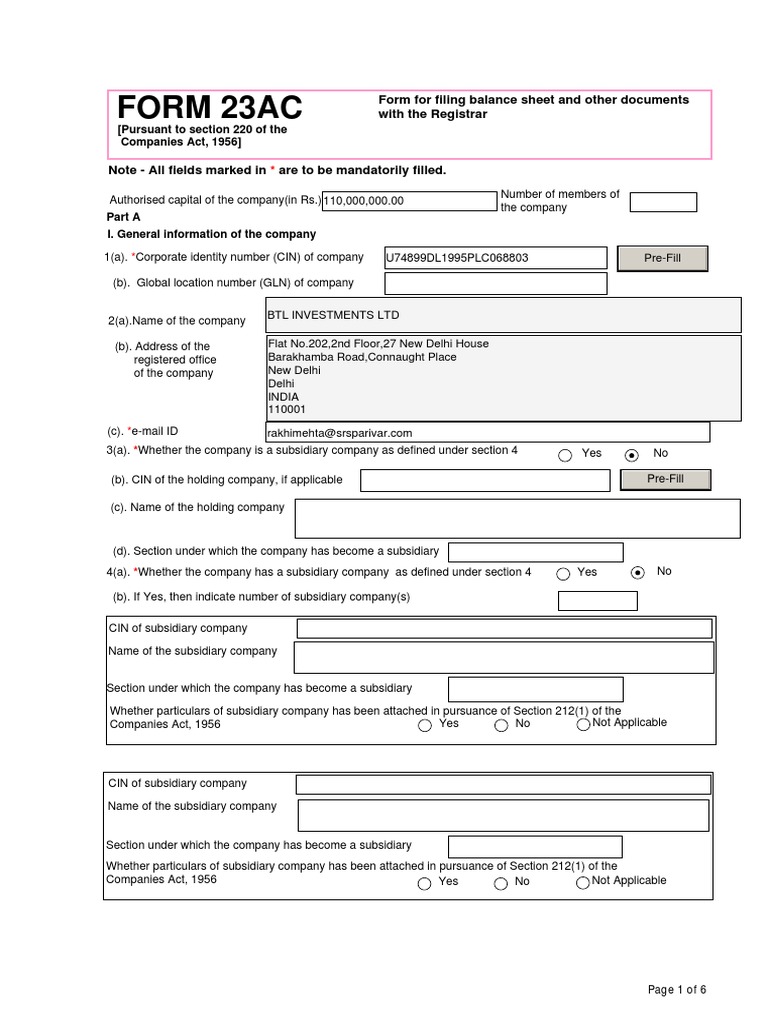 Annual Returns and Balance Sheet Eforms 2 Form 23AC-190608 PDF | PDF ...