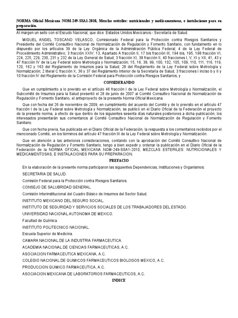 NORMA Oficial Mexicana NOM-249-SSA1-2010, Mezclas Estériles - Nutricionales y Medicamentosas, e ...