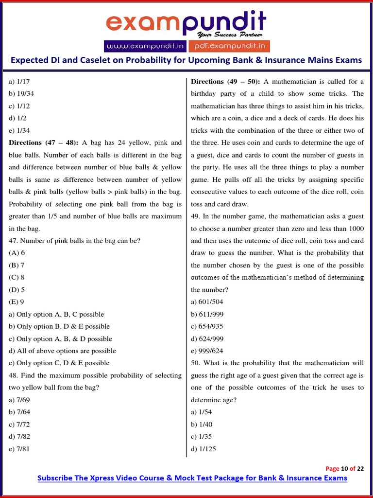 Di and Caselet Questions Based On Probability For Sbi Clerk Rbi Asst Mains 10 | PDF ...