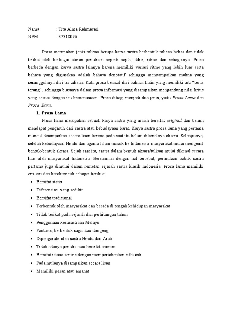 Jenis-jenis dan Ciri Prosa dalam Sastra | PDF